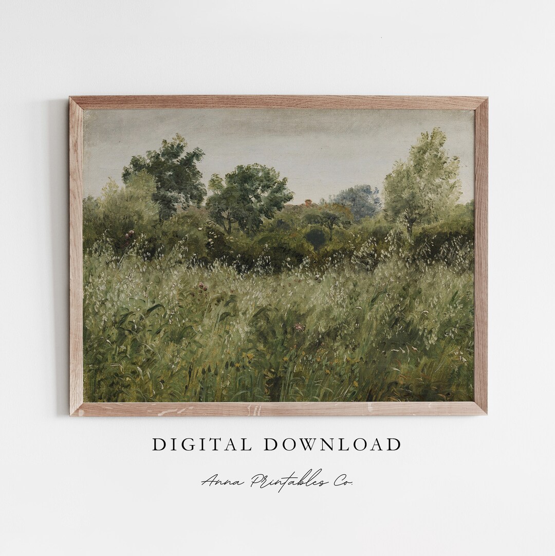 Green Meadow Vintage Painting Digital Download, Countryside Antique Oil ...