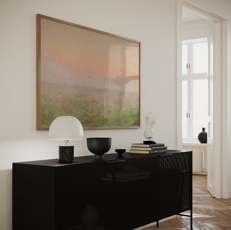 Hazy Pink Sunrise | Antique Sunrise Over Meadow Painting for Digital ...