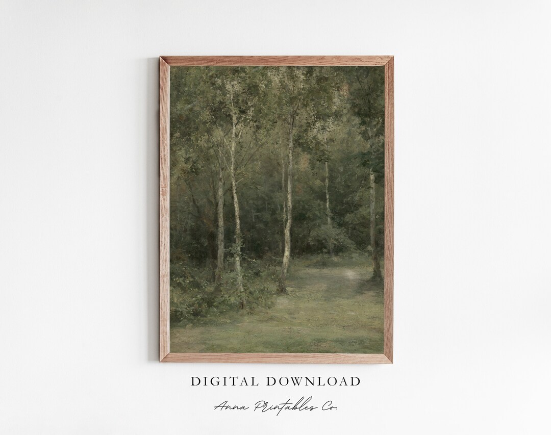 Forest Scene Vintage Oil Painting for Digital Download, Antique Green ...