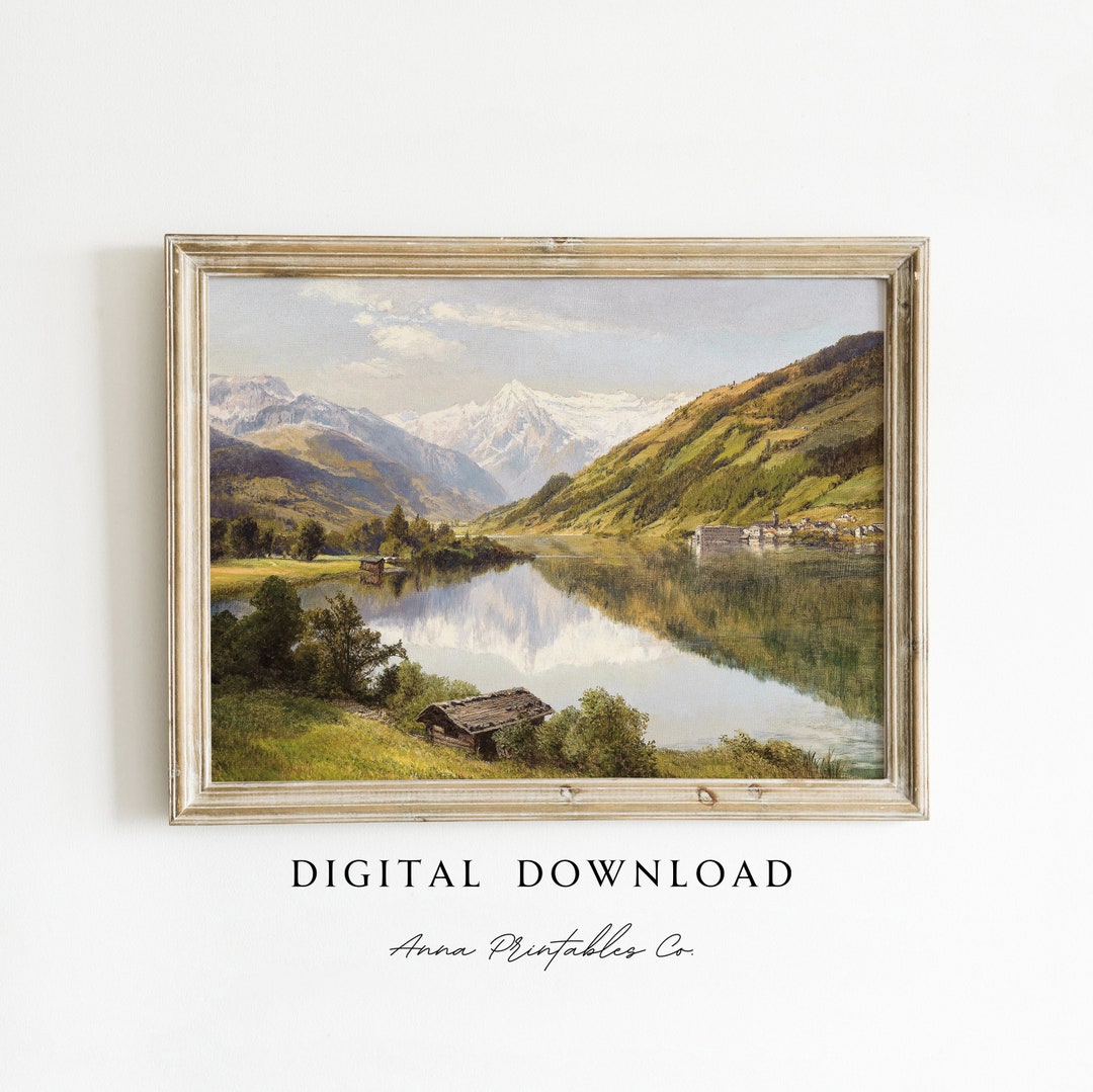 Antique Mountain Lake Landscape Painting DIGITAL DOWNLOAD | Rustic ...
