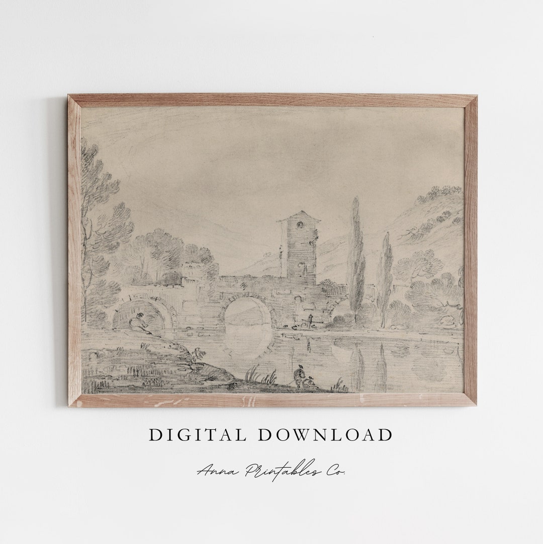 Three-arched Bridge Antique Italian Landscape Drawing for Digital ...