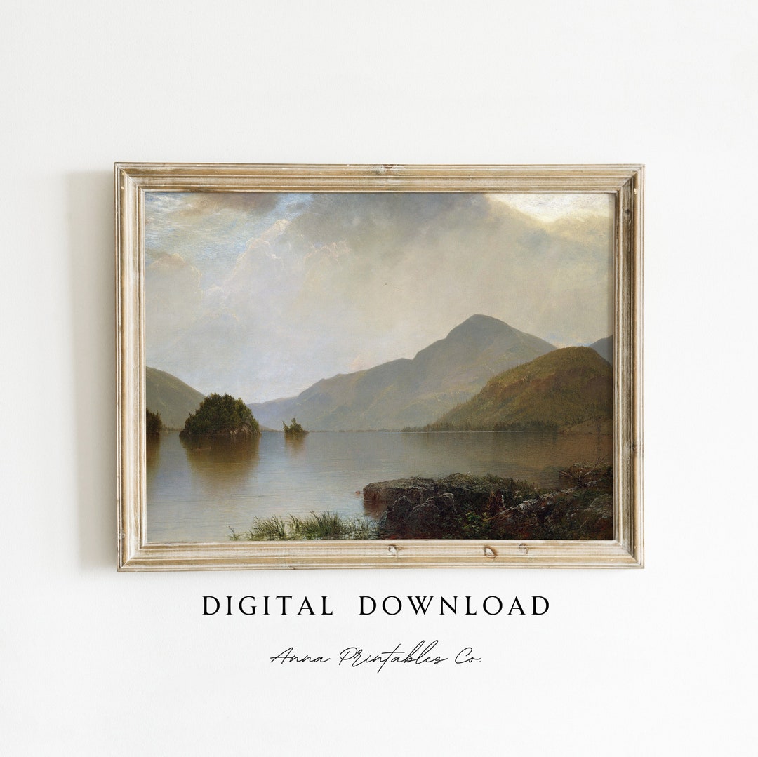 Vintage Mountain Lake Landscape Painting DIGITAL DOWNLOAD Rustic Nature ...