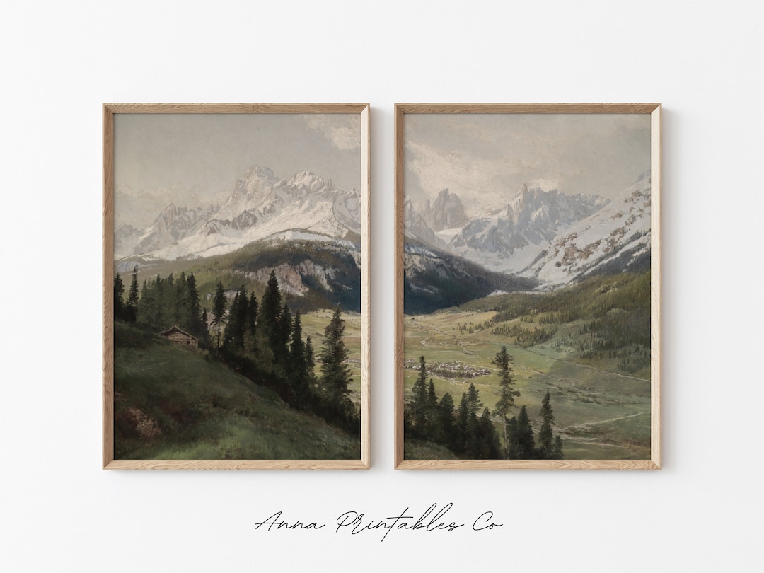 Vintage Mountain Scene Set of 2 Prints | Antique Landscape Painting ...