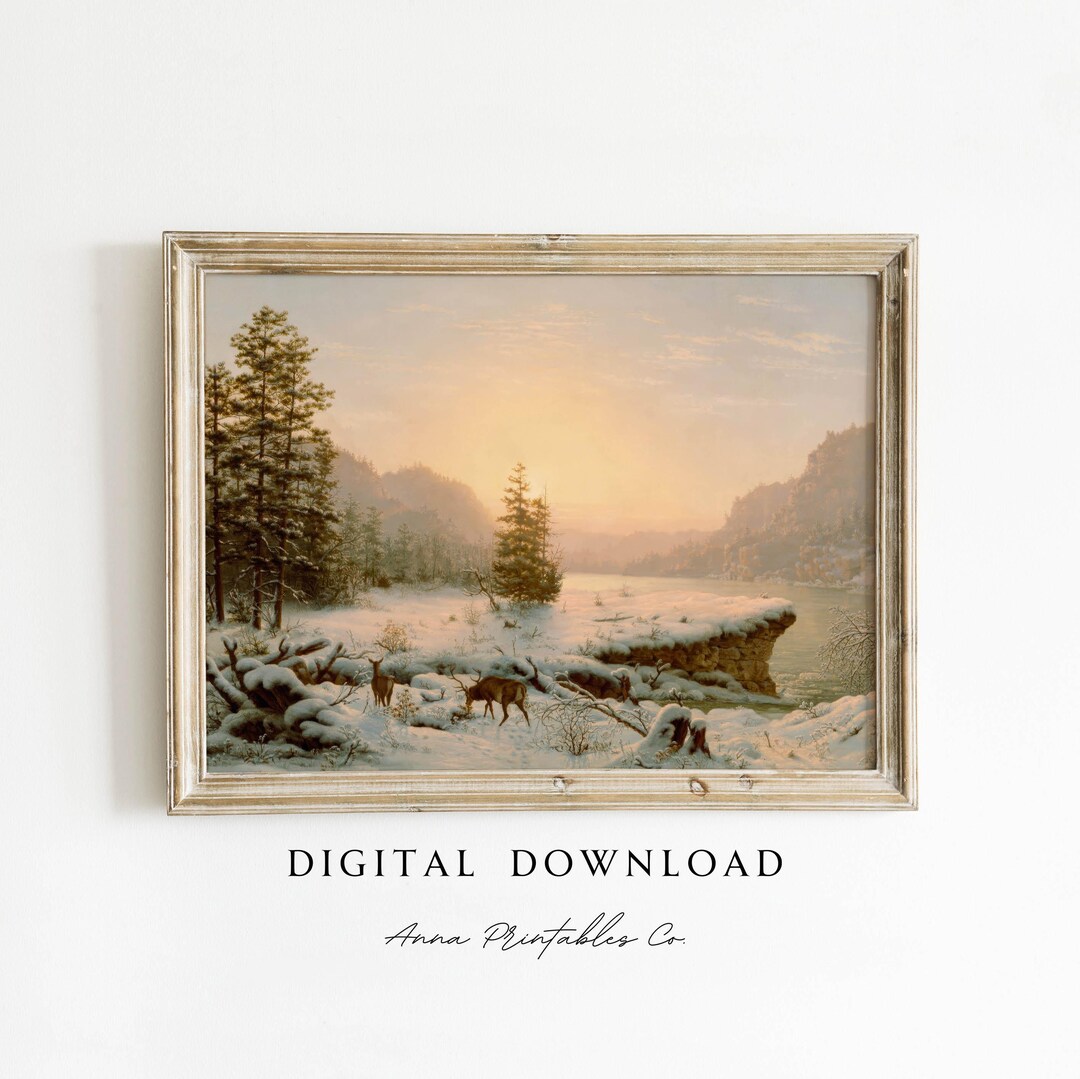 1800s Sunset Over a Winter Landscape Painting | Vintage Reindeer ...