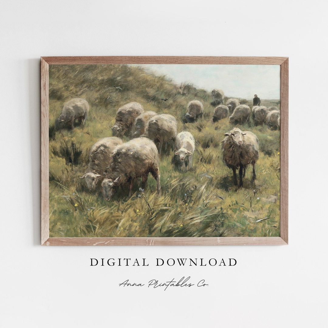 Sheep Grazing on a Hillside Vintage Oil Painting Digital Download ...