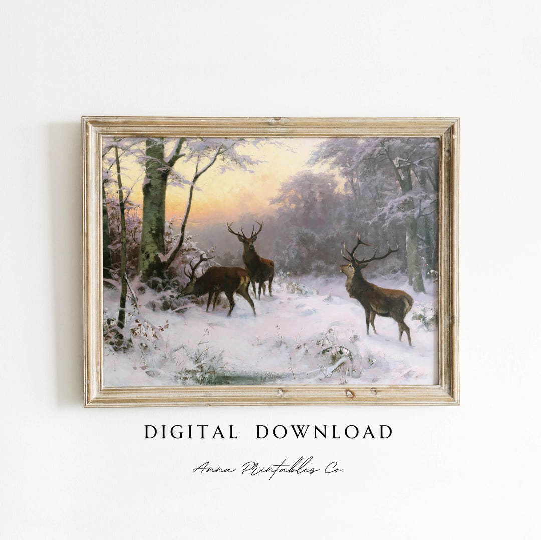 1800s Reindeer in a Snowy Landscape Painting DIGITAL DOWNLOAD | Vintage ...
