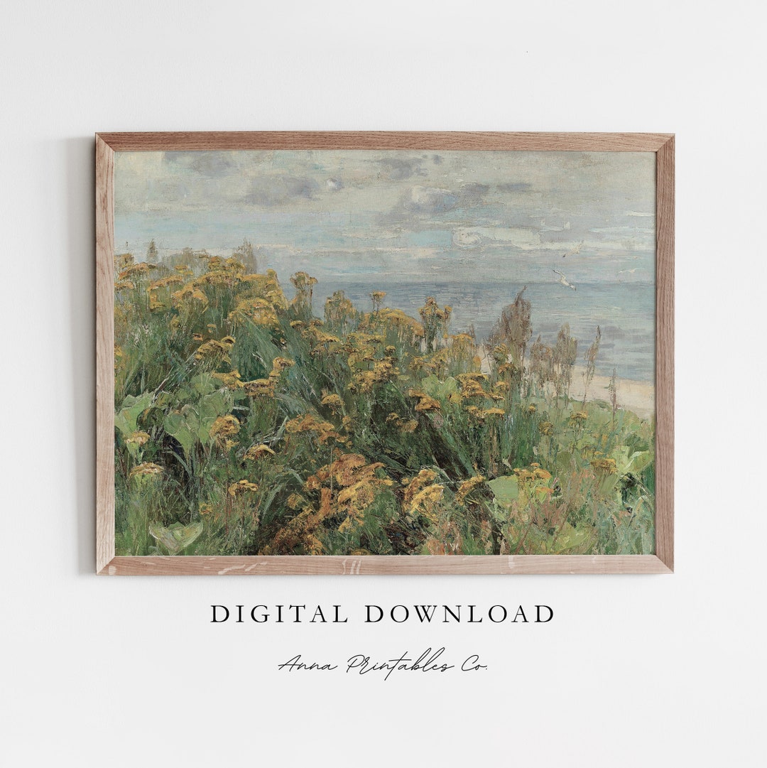 Flowers by the Ocean | Antique Coastal Flower Field Painting Digital ...
