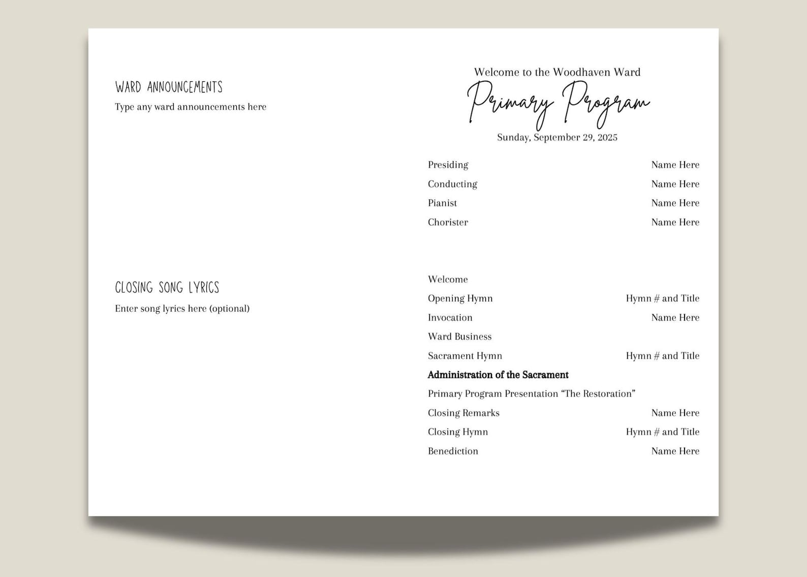 Primary Presentation Program for Sacrament Template | the Restoration ...