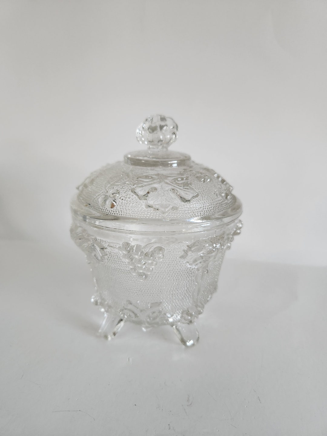 Vintage Frosted Jeanette Lidded Footed Glass Candy Jewelry Dish Sugar ...