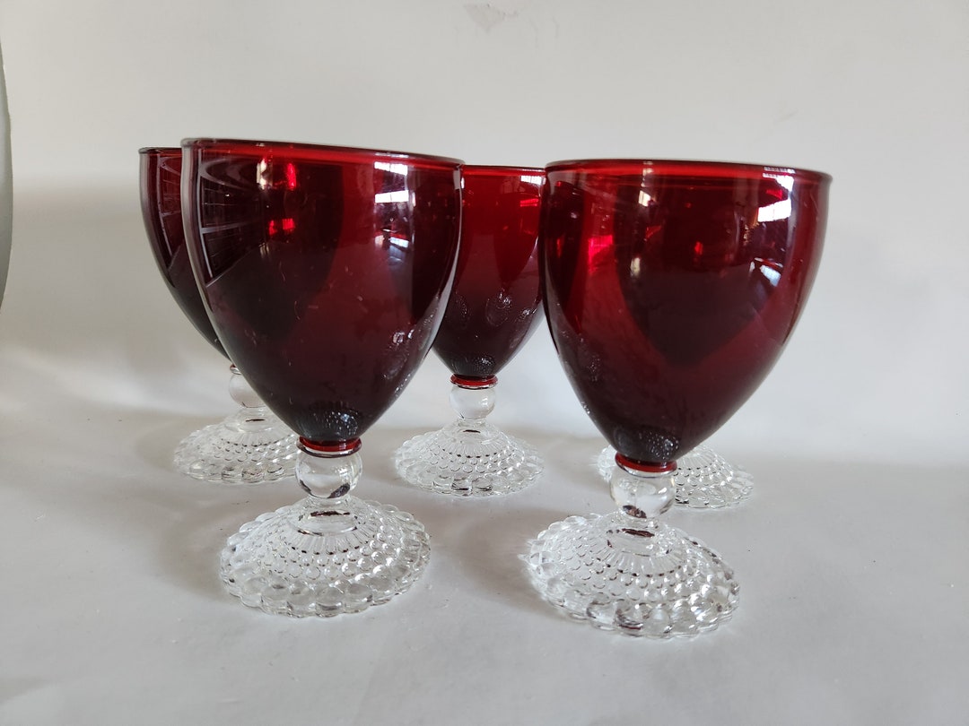 Vintage Ruby Red Glass Goblets on Clear Graduated Hobnail Pedestal ...