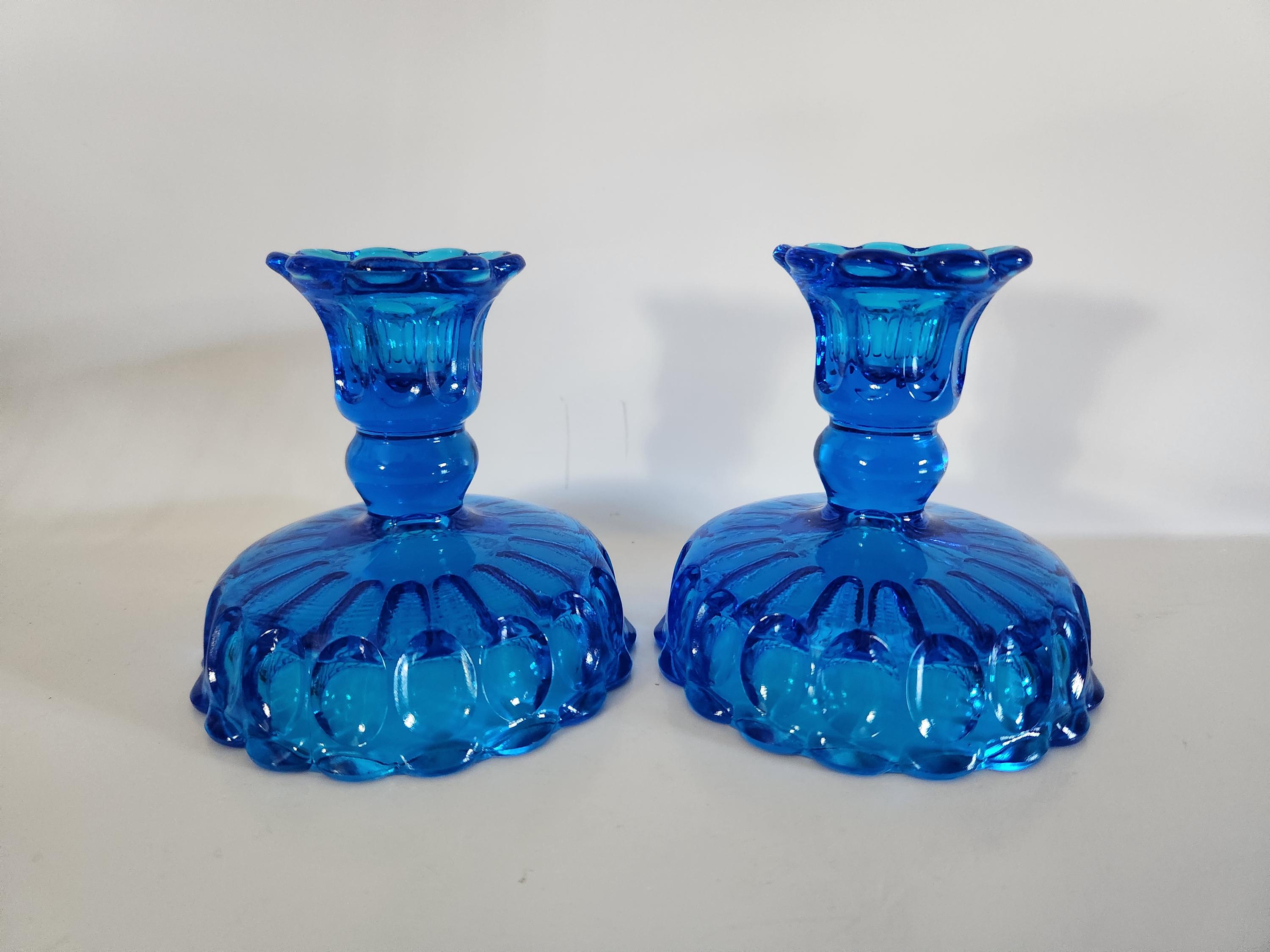 Vintage Fenton Colonial Blue Glass Thumbprint Candle Holders Set of 2 ...