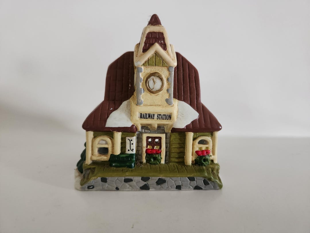 Vintage Giftco Christmas 4" Train Railway Station Ceramic Votive Candle ...