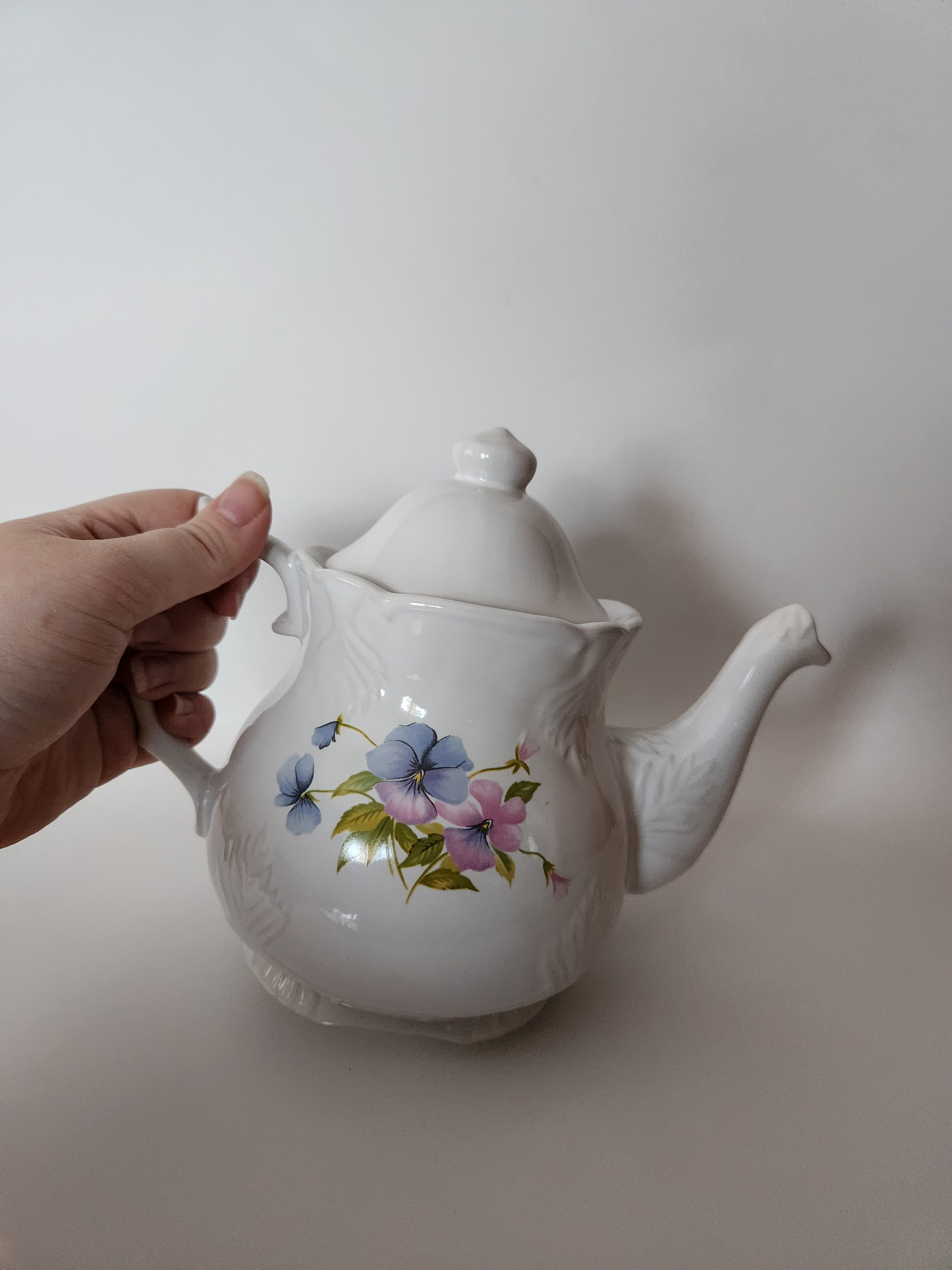 Vintage White Floral Teapot With Pink and Blue Pansies by Designpac Inc ...