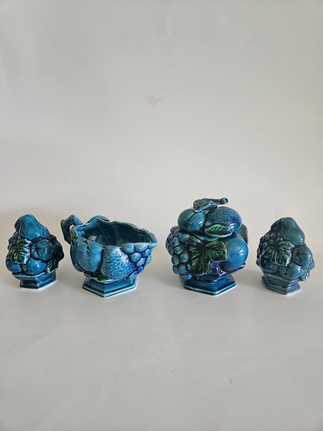 Vintage Inarco Mood Indigo Blue 3D Pottery Set of 4 Including Teapot ...