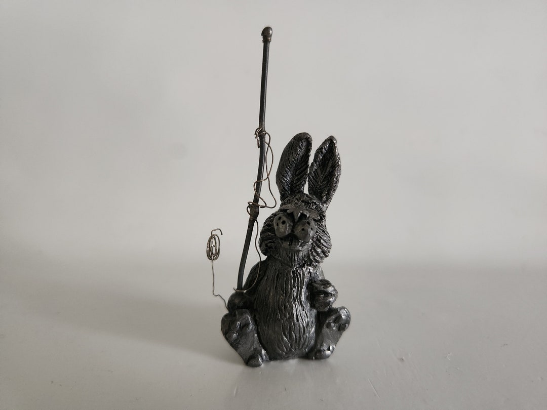 Vintage Michael Ricker Pewter Metal Bunny Rabbit Hare Fishing Figurine ...