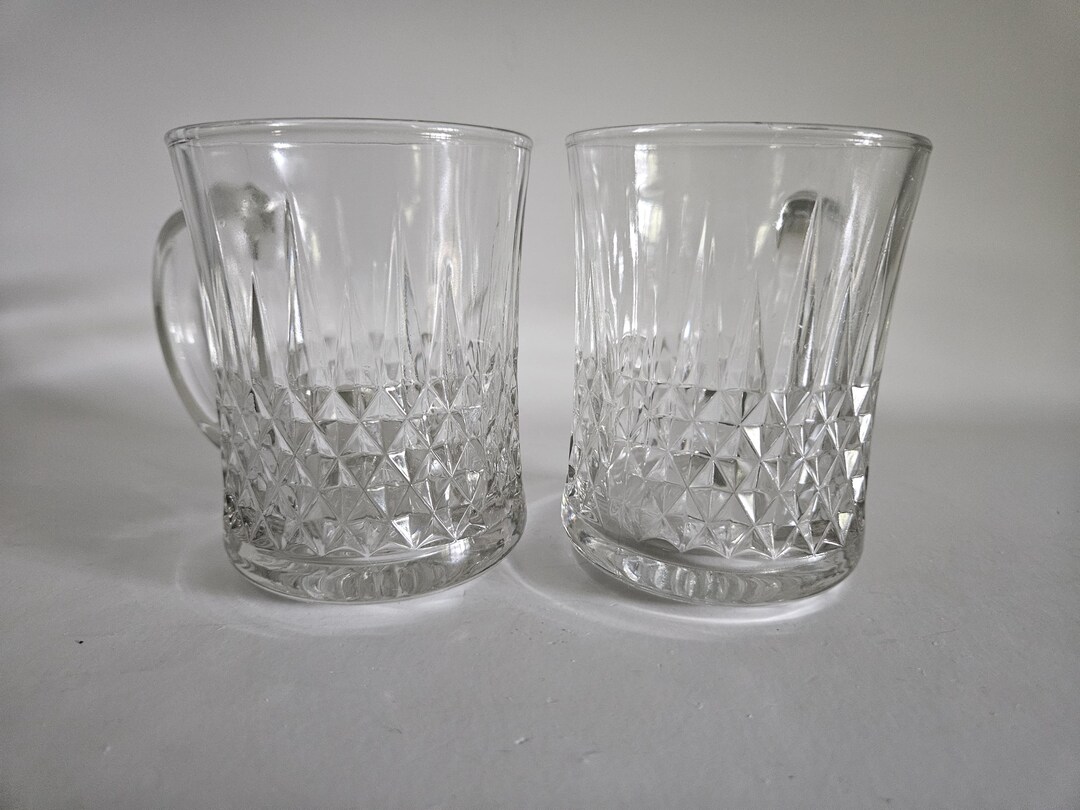 Vintage Quilted Diamond Pattern Clear Glass Mugs With Handles Set of 2 ...