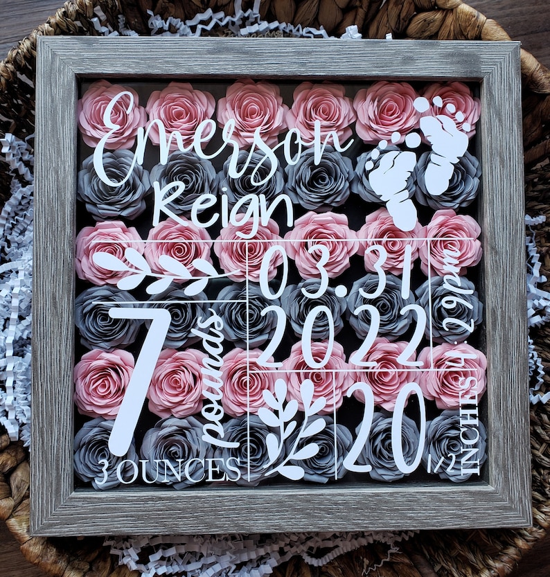 Personalized Baby Birth Stat Shadow Box / 3D Flower Keepsake / Mother’s ...