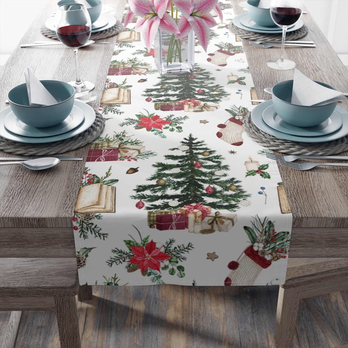 Christmas Tree Table Runner, Choice of Cotton or Polyester, Dinner ...