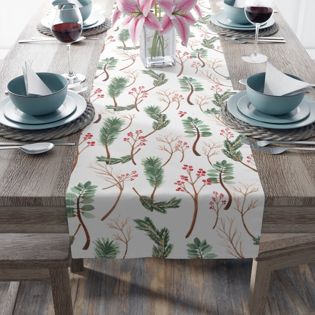 Evergreen and Holly Berries Table Runner, Christmas Table Runner ...