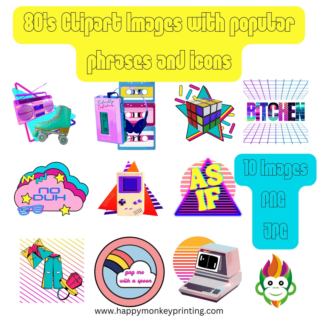 80's Clipart. Classic Phrases and Icons. 10 Image Set Includes Pngs and ...
