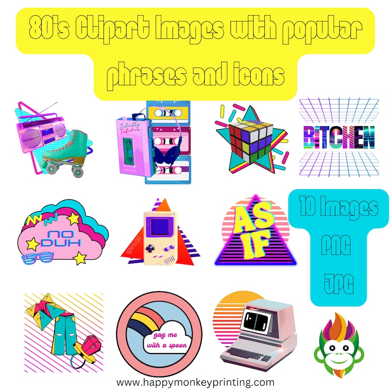 80's Clipart. Classic Phrases and Icons. 10 Image Set Includes Pngs and ...