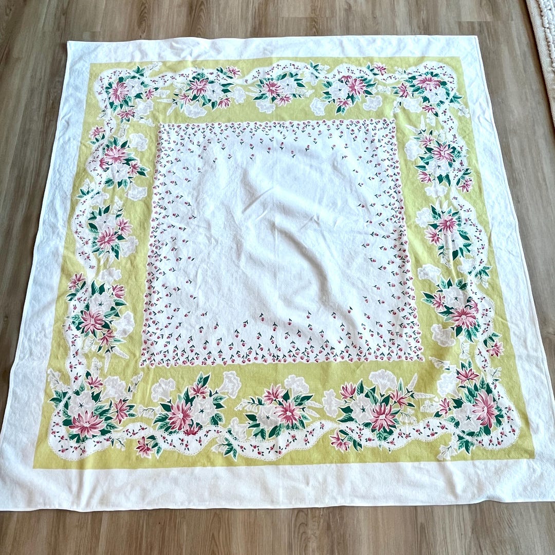 Vintage Simtex Square Cotton Tablecloth // Lime Green Floral Pink Roses ...