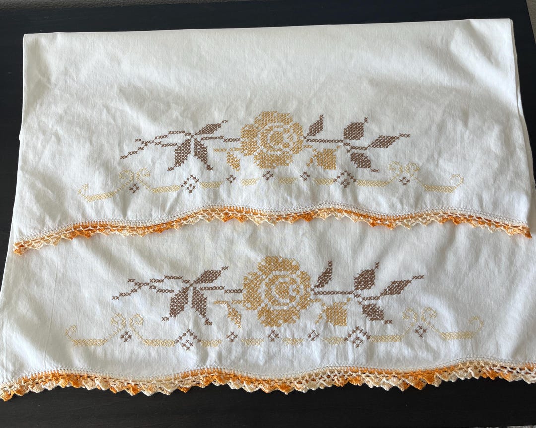 Vintage Cross Stitch Embroidered Floral Pillowcases // Set of 2 ...