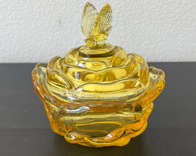 Fenton Yellow Glass Candy Dish Cabbage Rose & Butterfly // Trinket Box ...