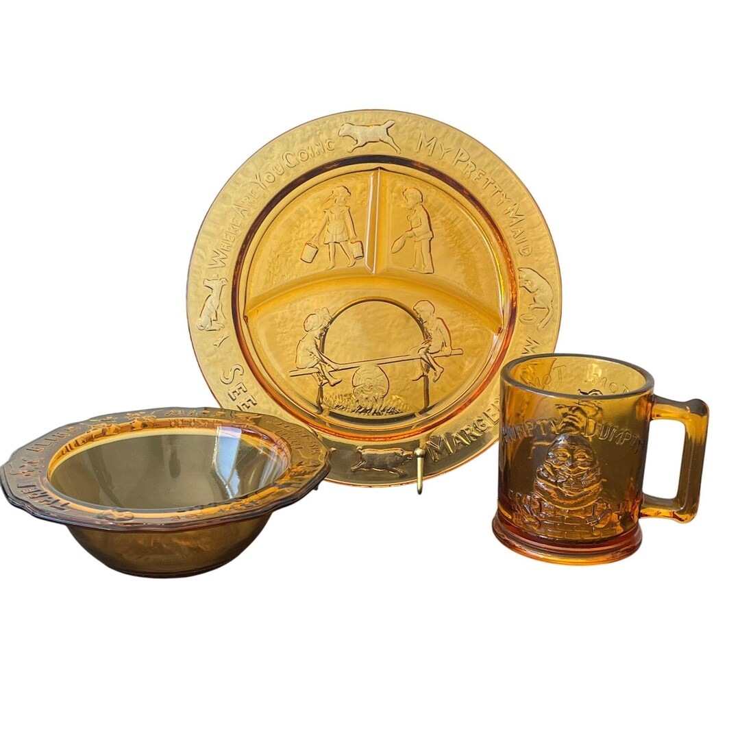 Amber Tiara Glass Child's Dish Set // Nursery Rhyme Mother Goose // Cup ...