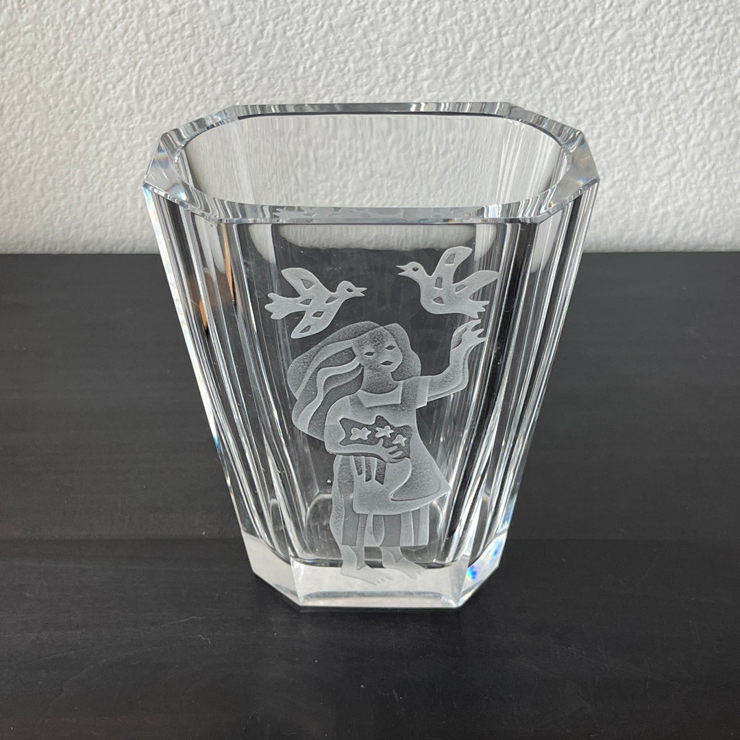 Hadeland Norway Crystal Glass Etched Vase // Girl With Birds // 6" Tall ...