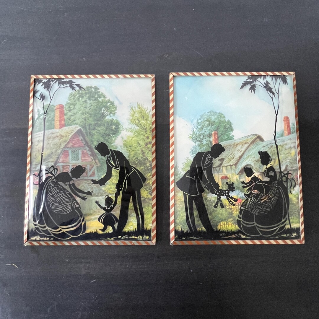 Vintage Silhouette Bubble Glass Art Pictures // Set of 2 // Family ...
