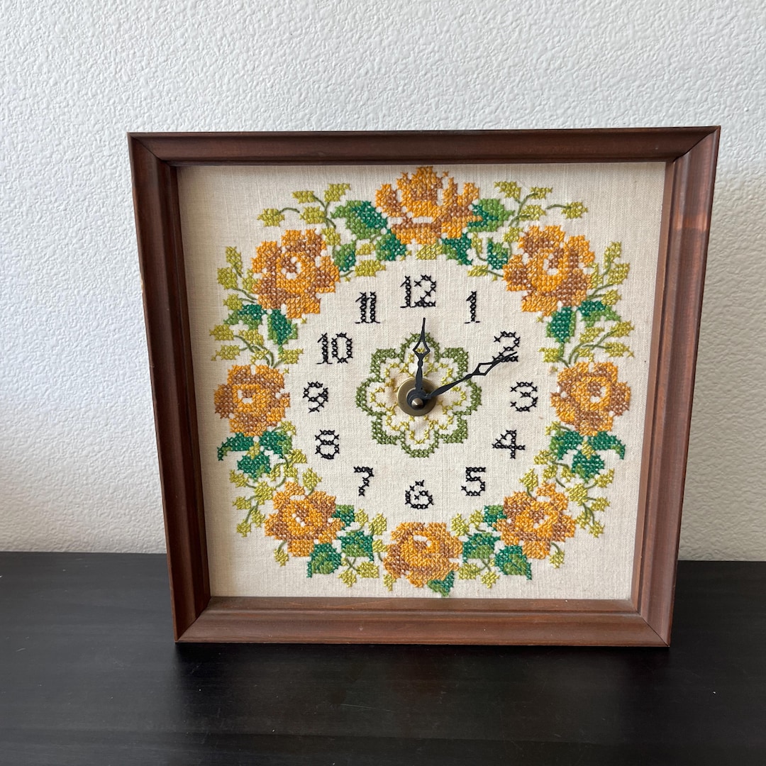 Vintage 70s Cross Stitch Floral Clock // Handmade Embroidery Wall Decor // Battery Operated - Etsy
