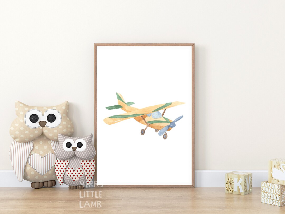 Yellow Green Watercolor Airplane Printable Wall Art, Neutral Nursery ...