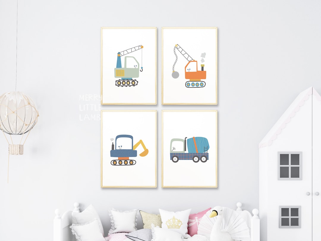 Cartoon Construction Vehicles Printable Wall Art, Neutral Nursery ...