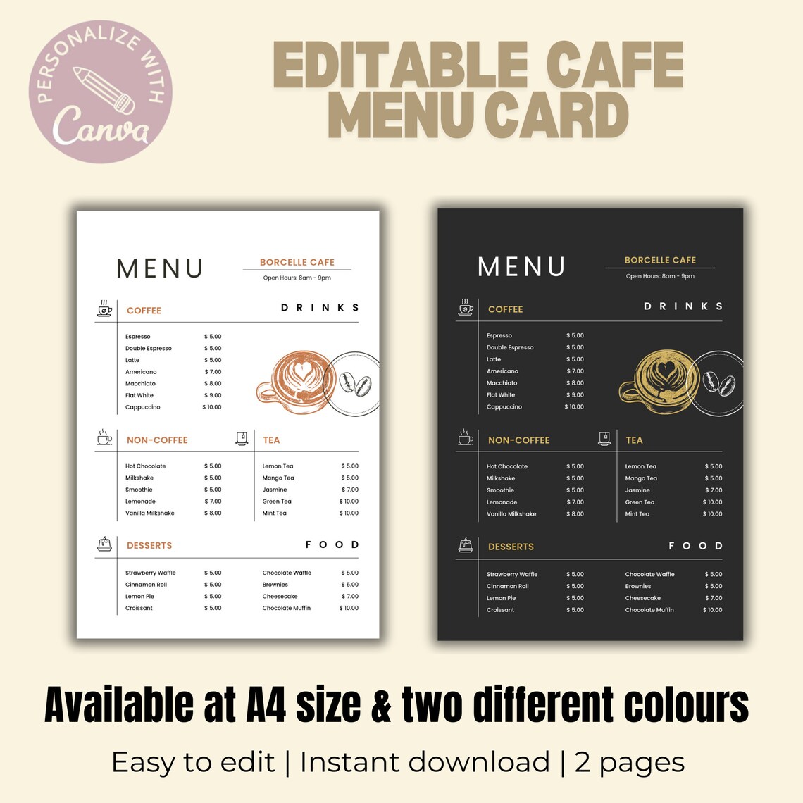 Modern Cafe Menu Card, Drink Menu Template, Wedding Bar Menu, Cocktail ...