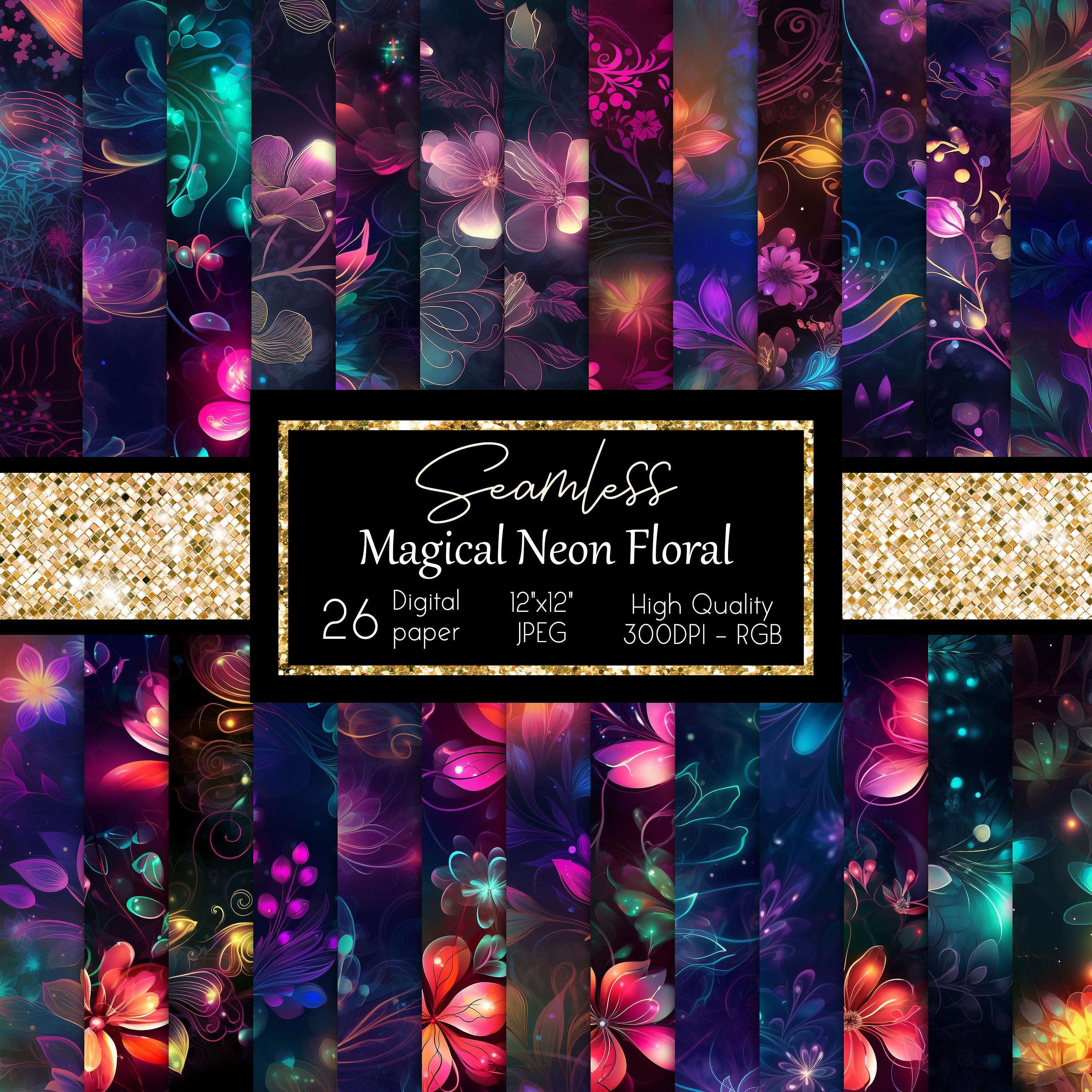 Magical Neon Floral Digital Paper Pack Bright Colors Scrapbook Paper ...