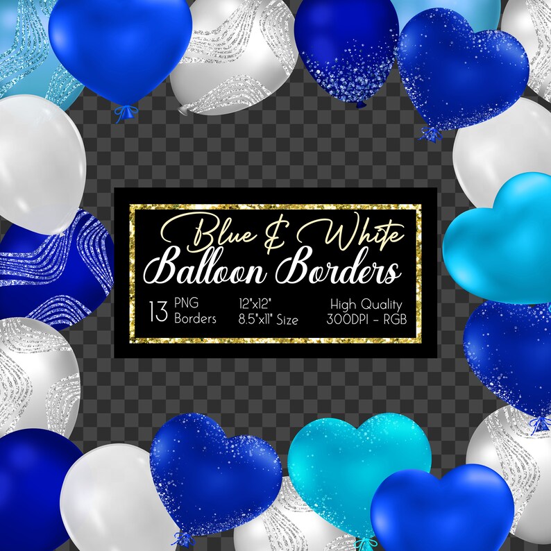 Balloons Clipart, Glitter Blue and White Balloons Border Clipart for ...