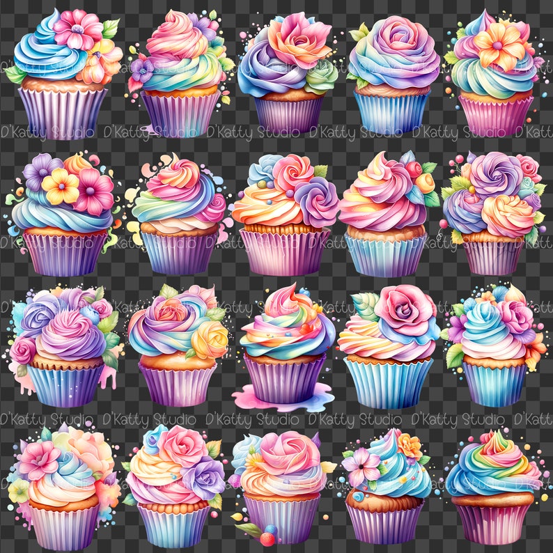 Cupcake Clipart Transparent Background Watercolor Cupcake Rainbow Color ...