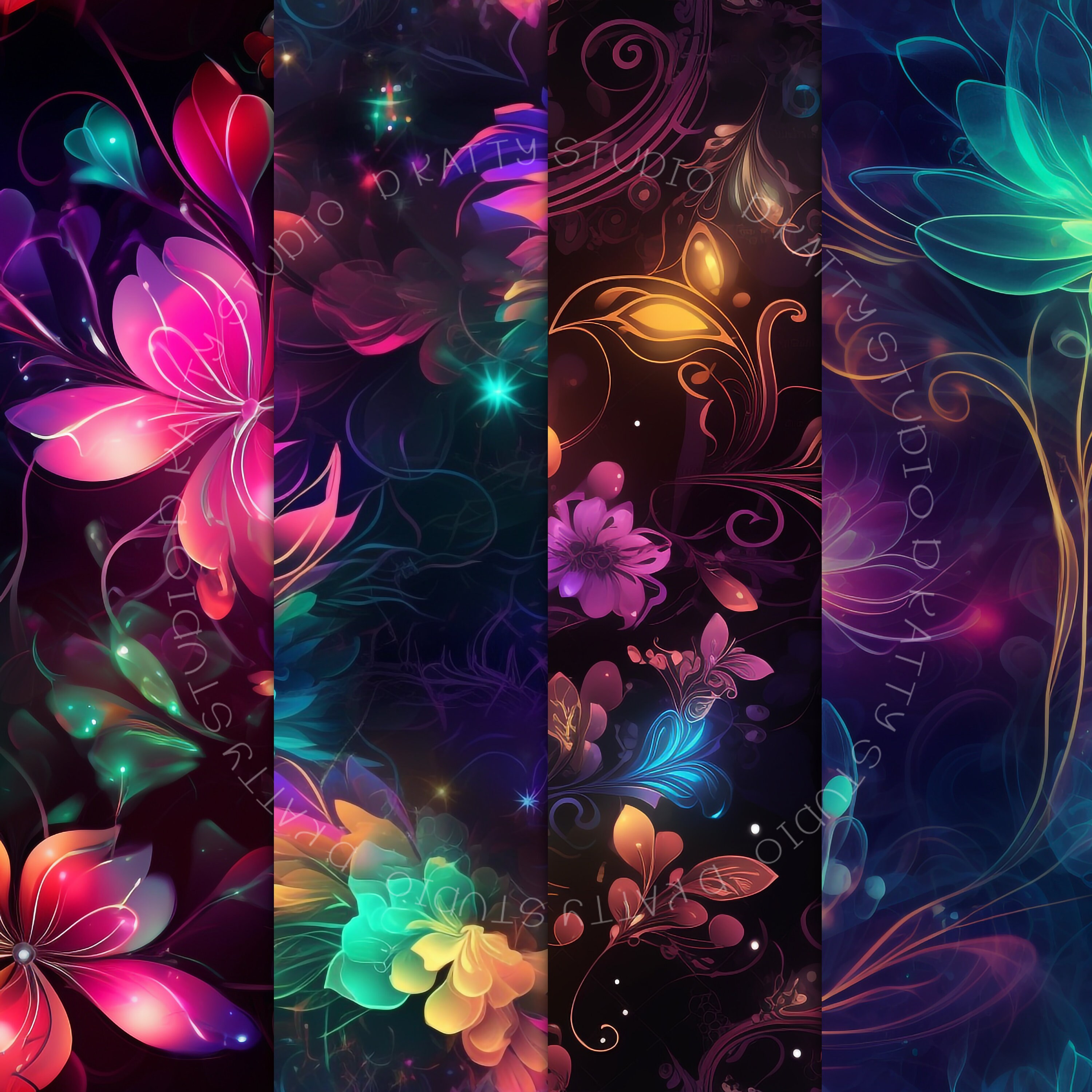 Magical Neon Floral Digital Paper Pack Bright Colors Scrapbook Paper ...