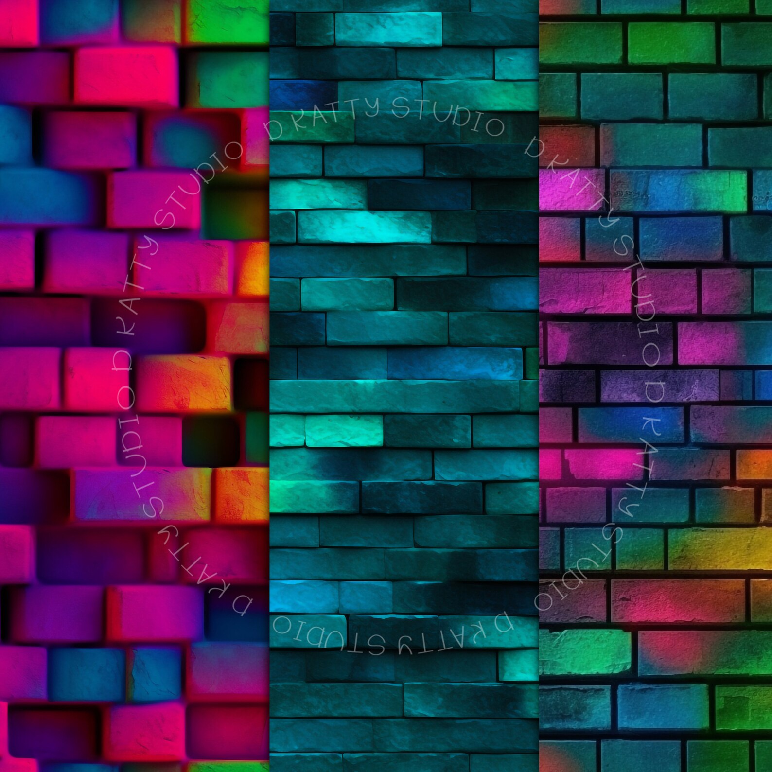 Neon Brick Wallpaper, Neon Bricks Backgrounds, Neon Digital Paper Pack ...