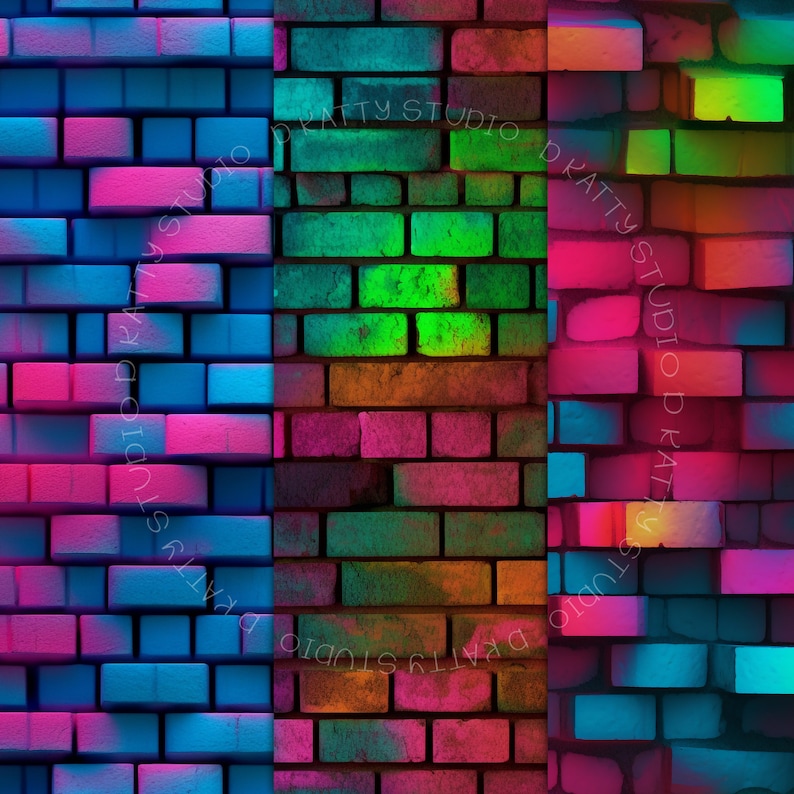 Neon Brick Wallpaper, Neon Bricks Backgrounds, Neon Digital Paper Pack, Neon Wallpaper Instant ...