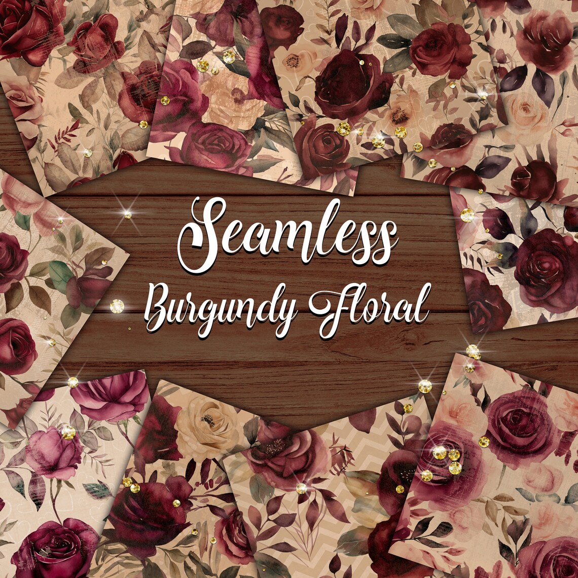 Burgundy Floral Digital Paper Retro Seamless Background Watercolor ...