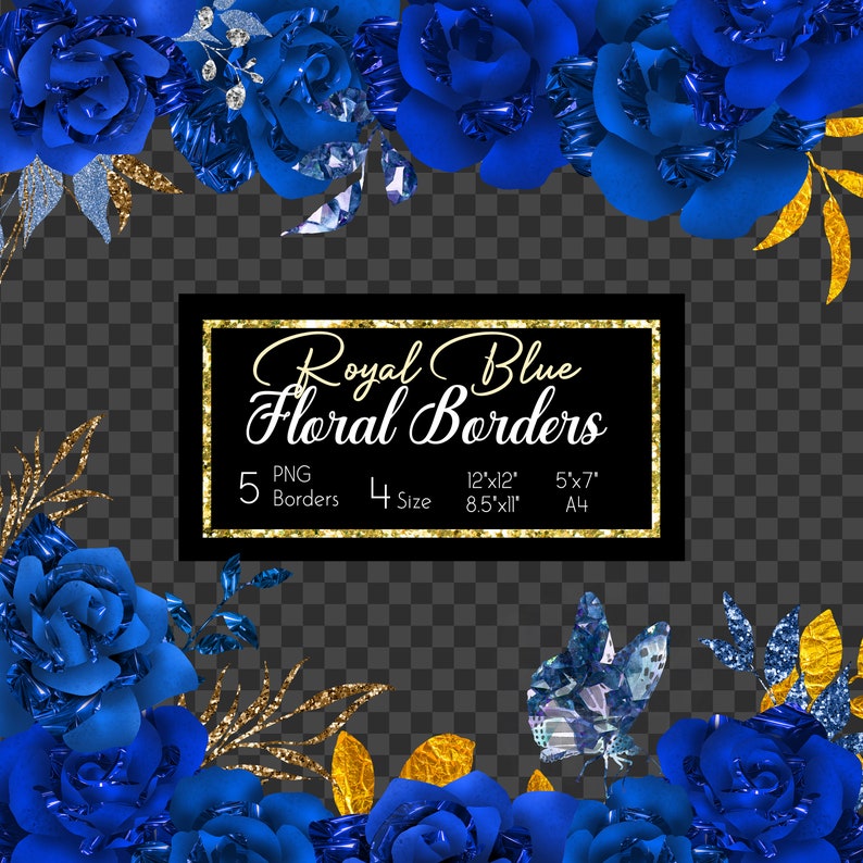 Royal Blue Floral Overlays for Invitations, Digital Floral Clipart PNG ...