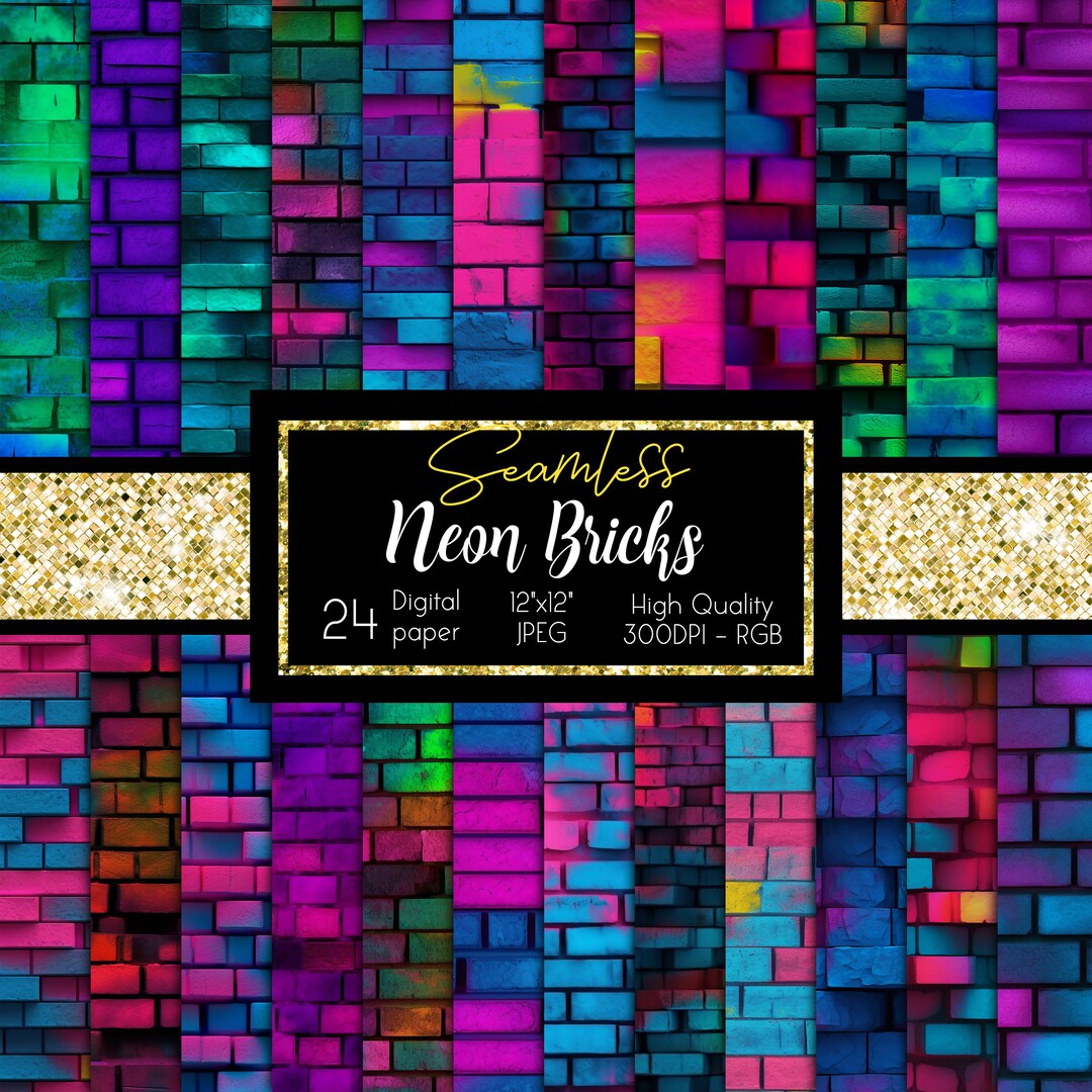 Neon Brick Wallpaper, Neon Bricks Backgrounds, Neon Digital Paper Pack, Neon Wallpaper Instant ...