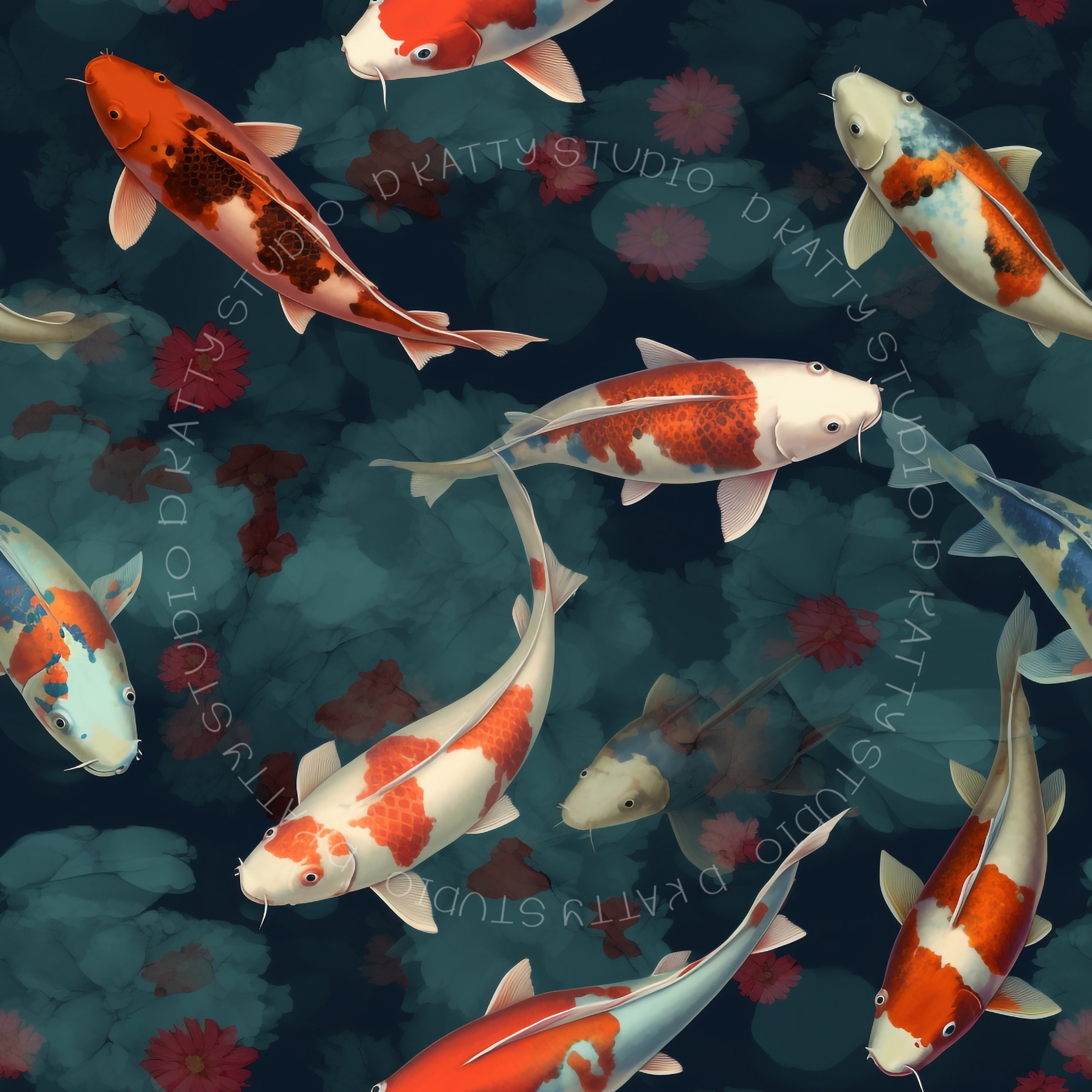 Koi Fish Digital Paper Fine Art Koi Fish Seamless Pattern Japanese Red ...