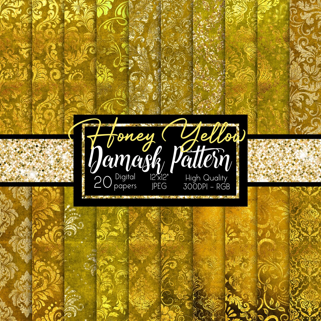 Honey Yellow Damask Digital Paper, Seamless Gold Damask Glitter Foil ...