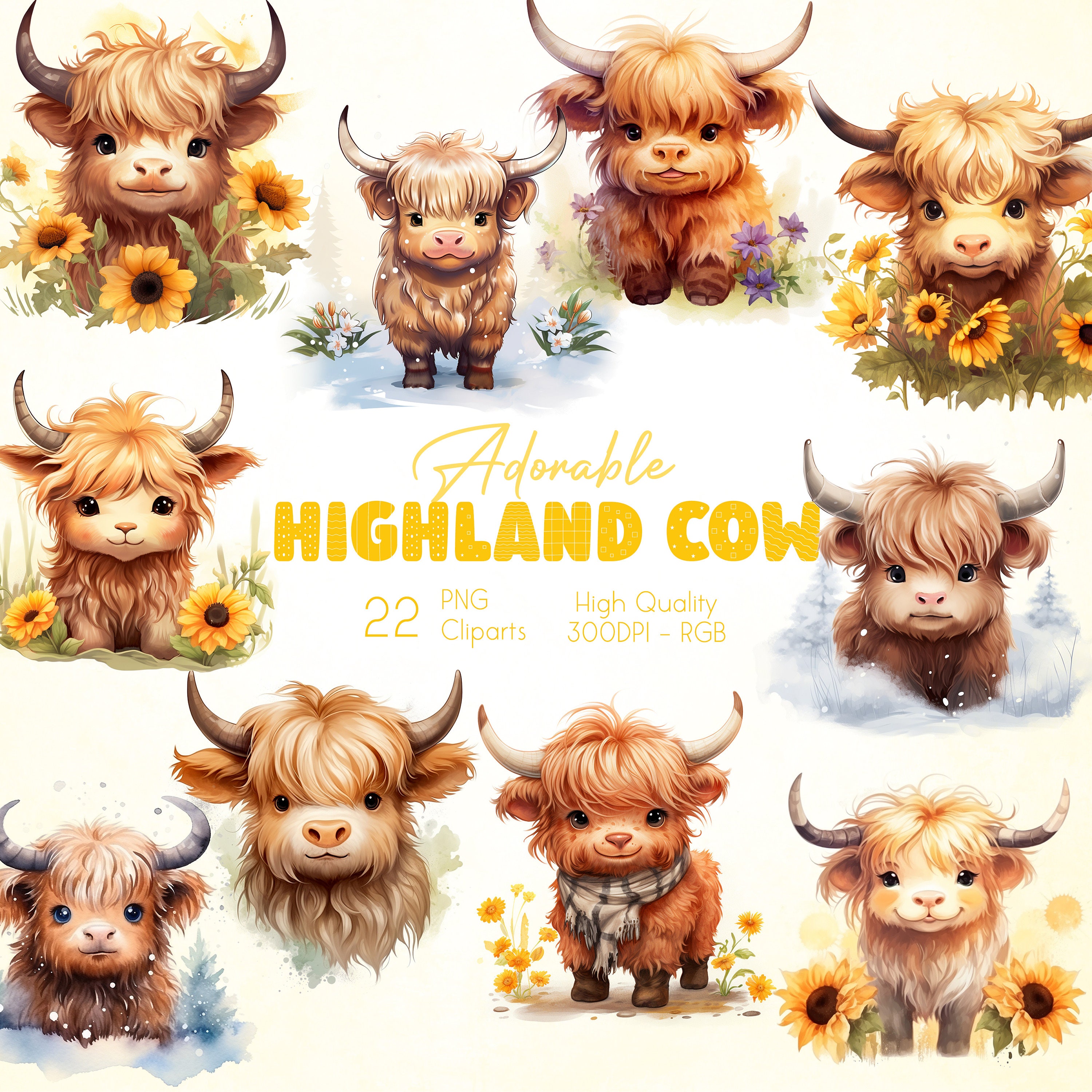 Watercolor Highland Cow Clipart Transparent Background Chibi Highland ...