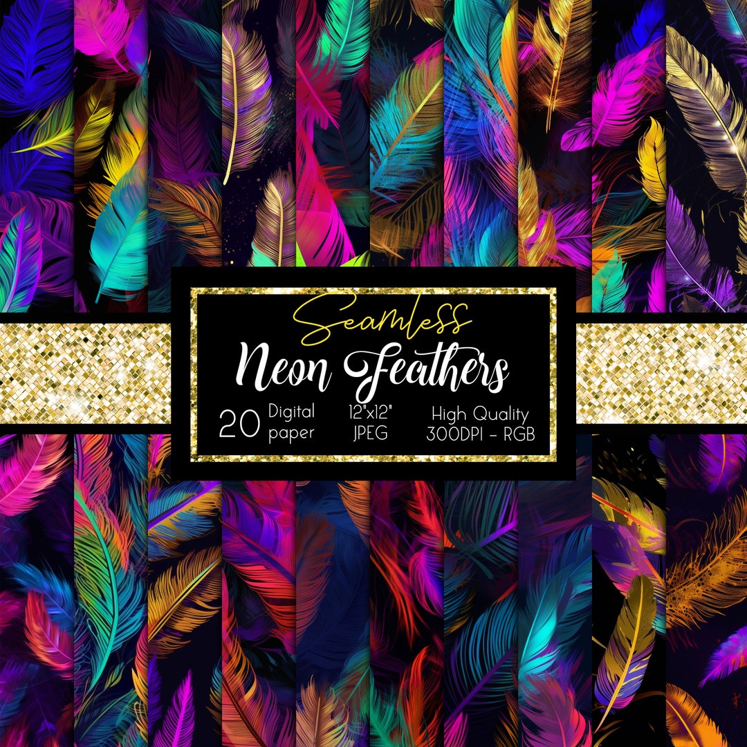 Neon Feathers Digital Papers, Neon Scrapbooking Paper, Fluorescent ...