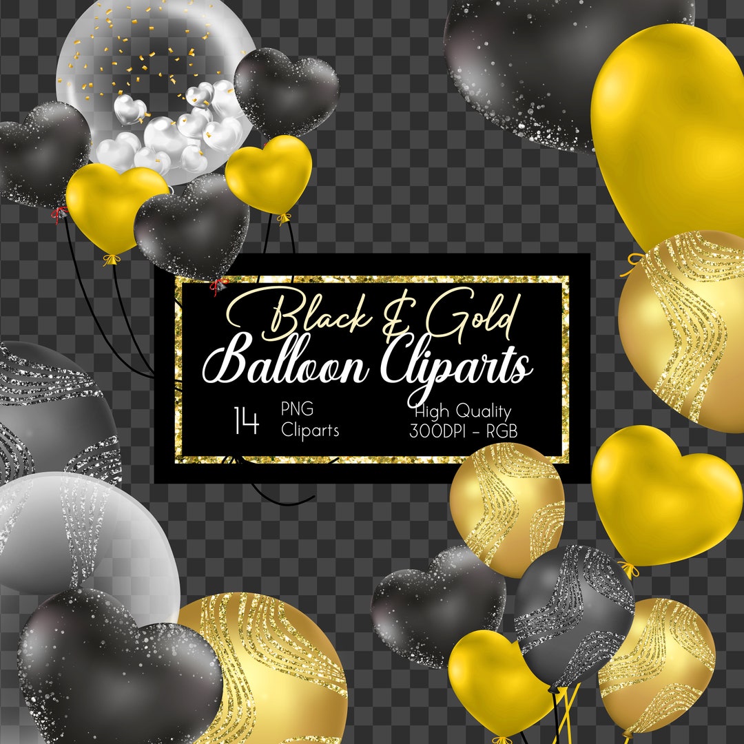 Balloons Clipart, Glitter Black and Gold Balloons Clipart for Party ...