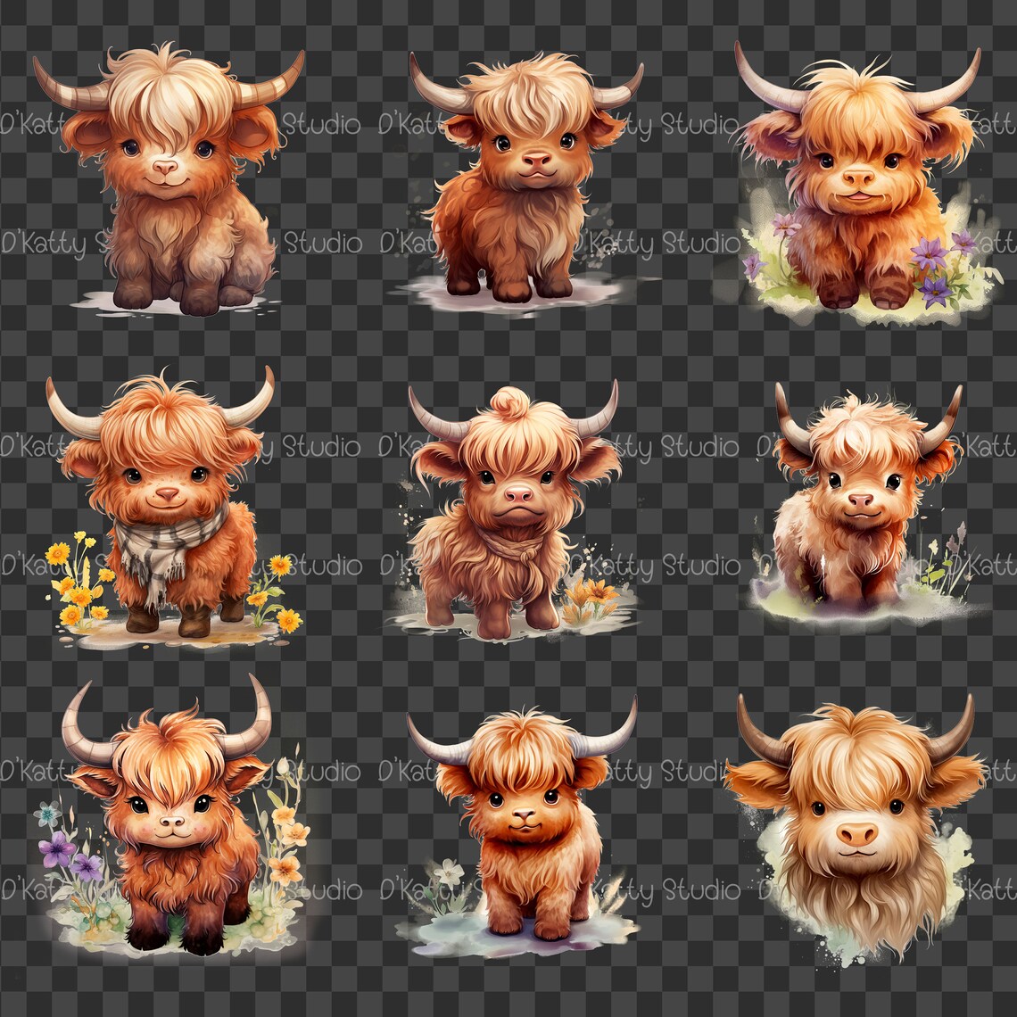 Watercolor Highland Cow Clipart Transparent Background Chibi - Etsy